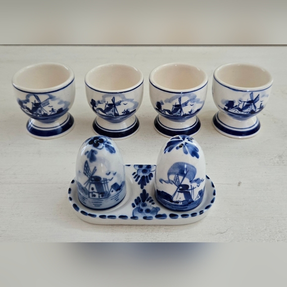 Dining | Vintage Delfts Blue Handpainted Egg Cups And Shakers | Poshmark